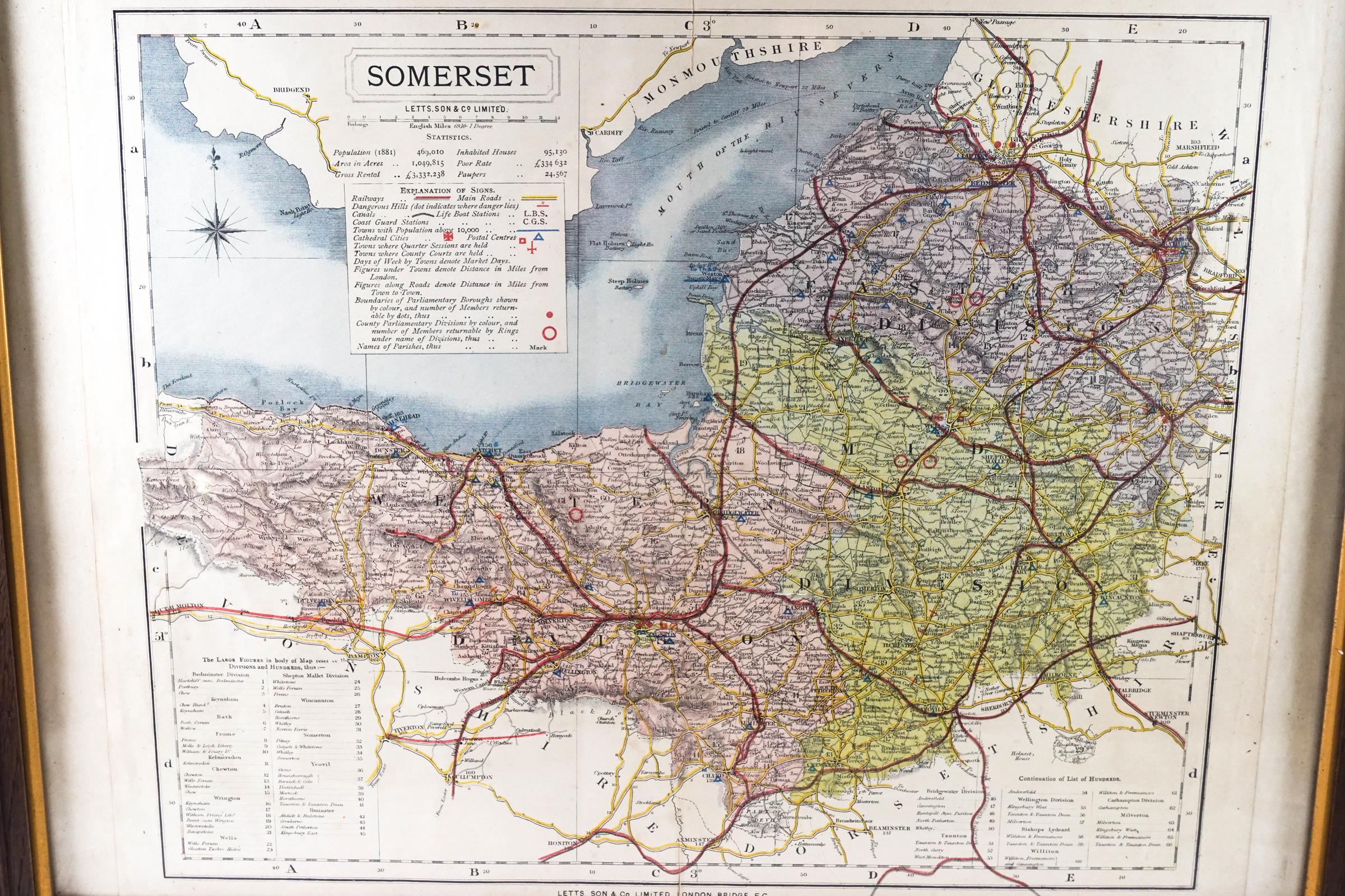 A Somerset map circa 1881, published by Letts Son & Co, showing the ...