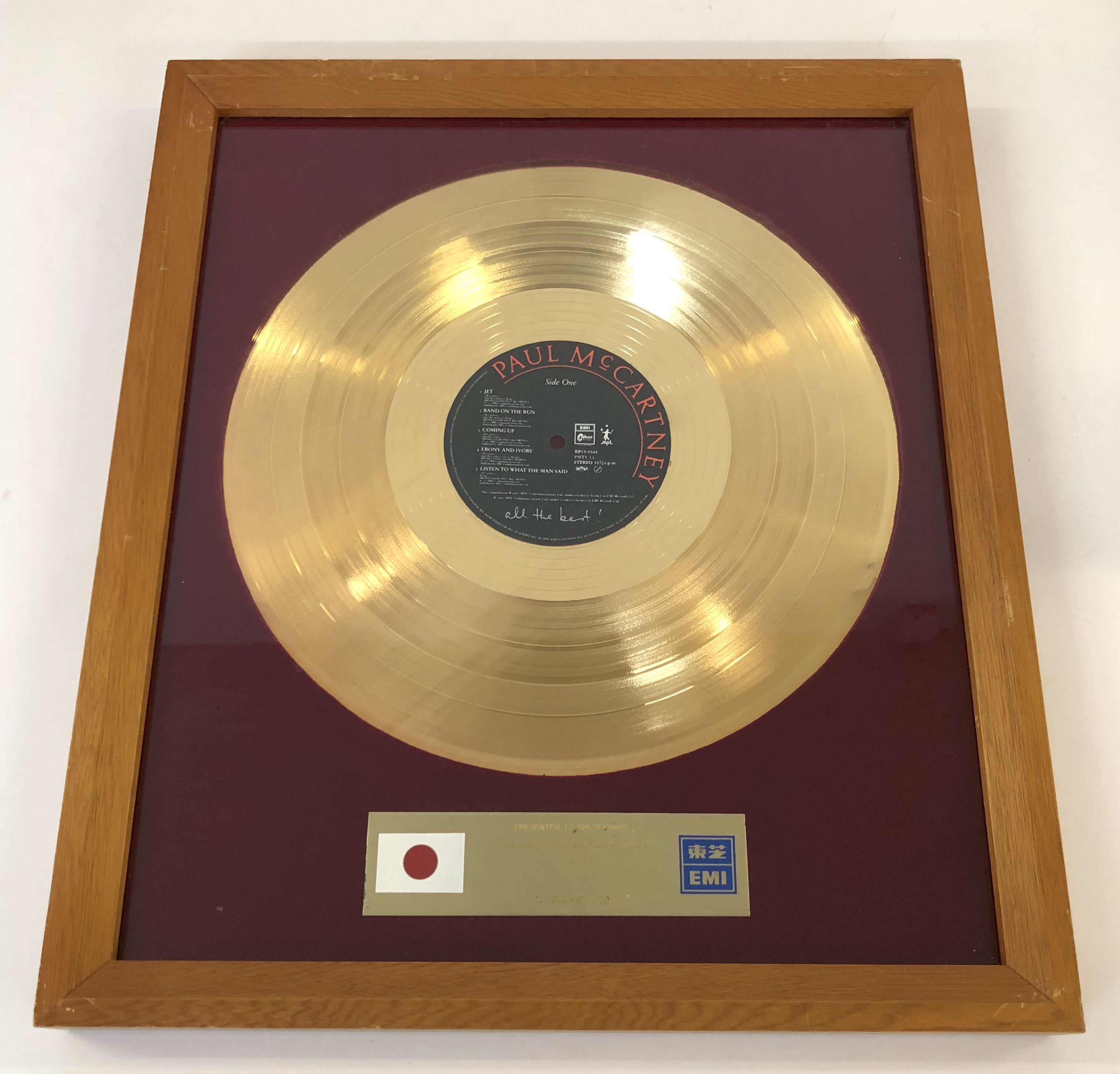 PAUL MCCARTNEY GOLD DISC. A Japanese Toshiba EMI Ltd gold disc award ...