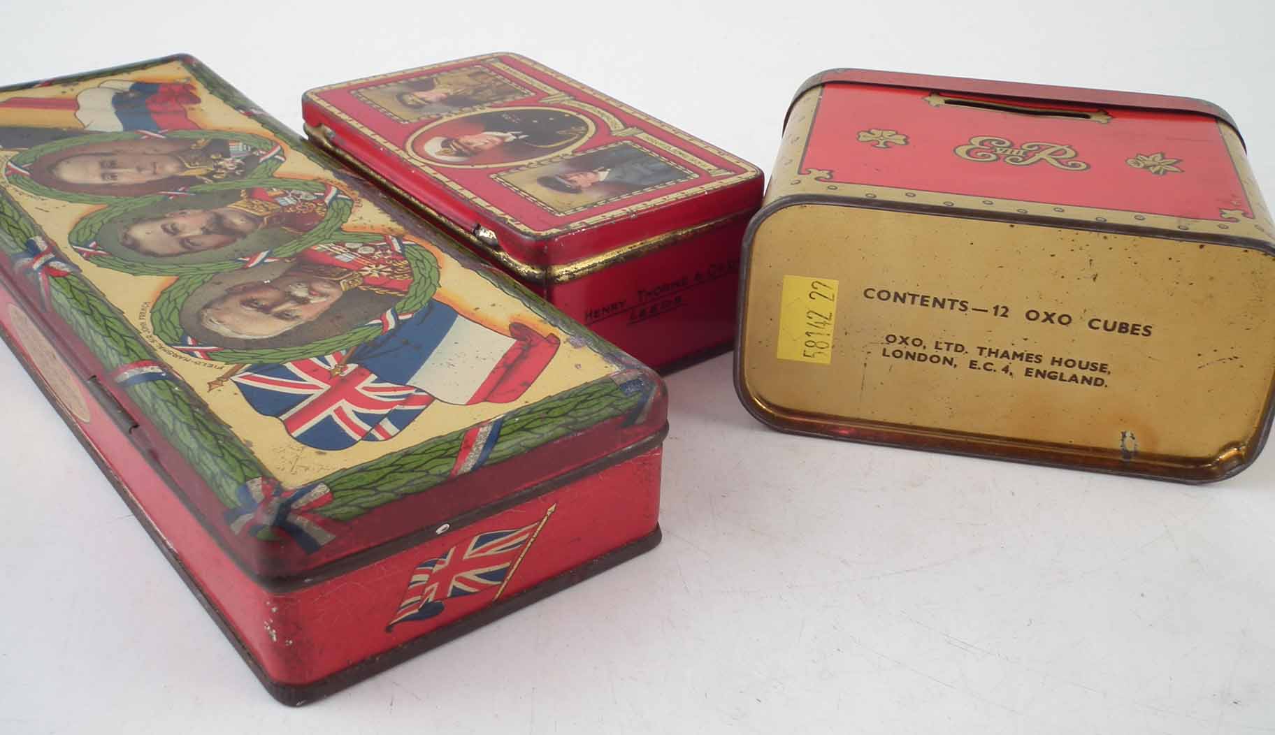 Two Edward VIII tins including an Oxo tin, Thornes Toffee and WW1 ...