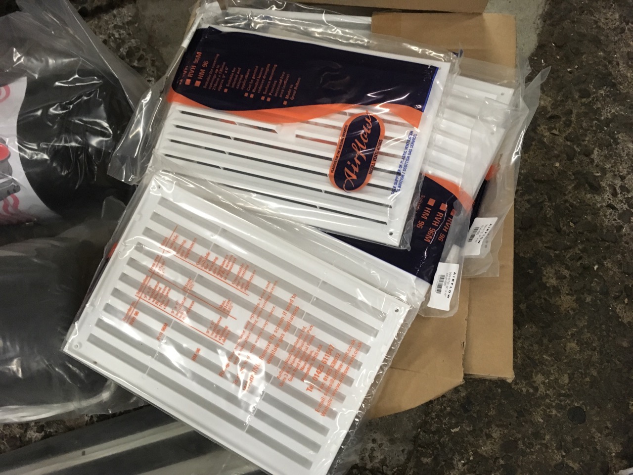 Seven cold water tank lagging jackets; a box of Airflow wall vents; a ...