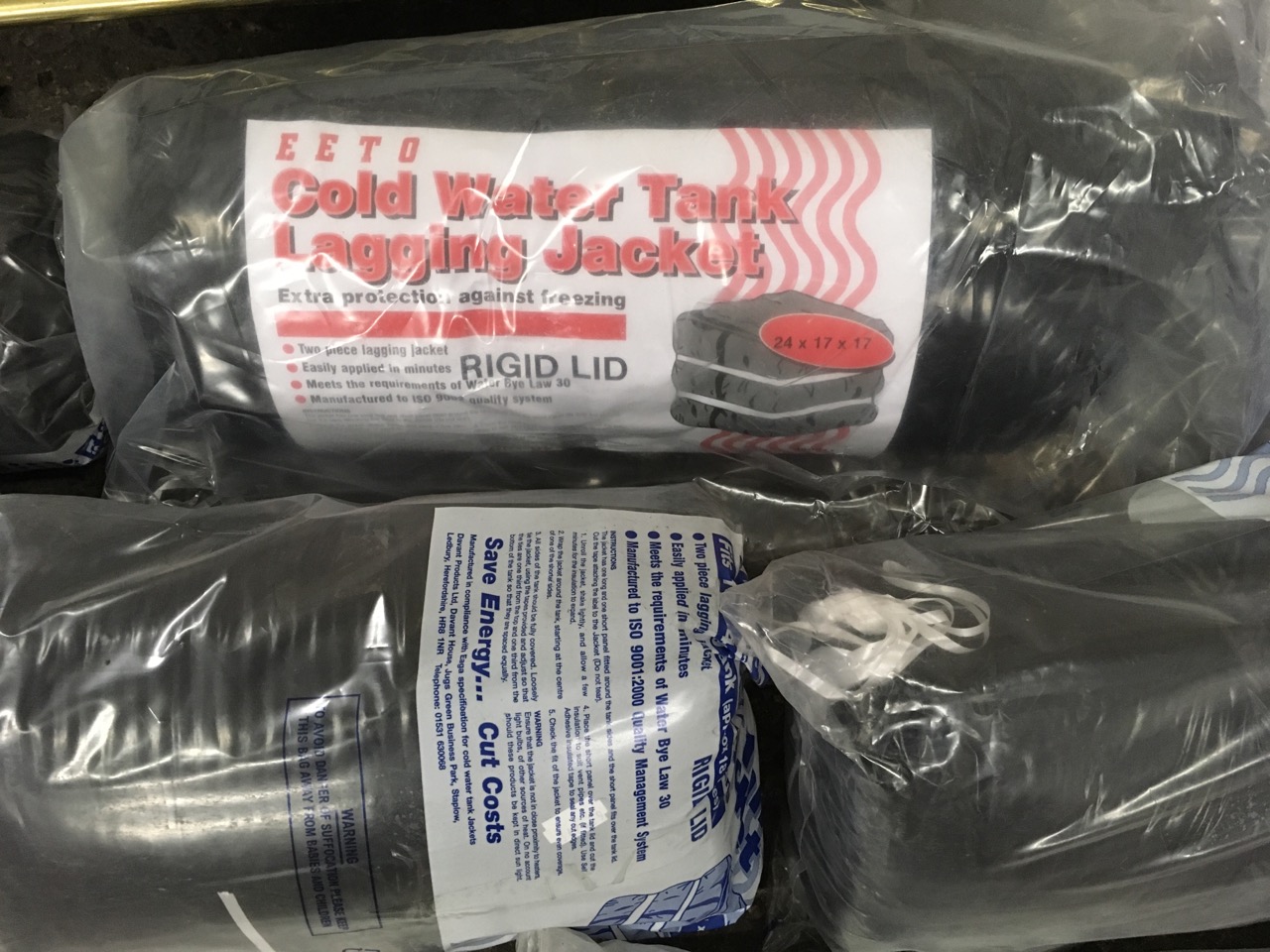 Seven cold water tank lagging jackets; a box of Airflow wall vents; a ...