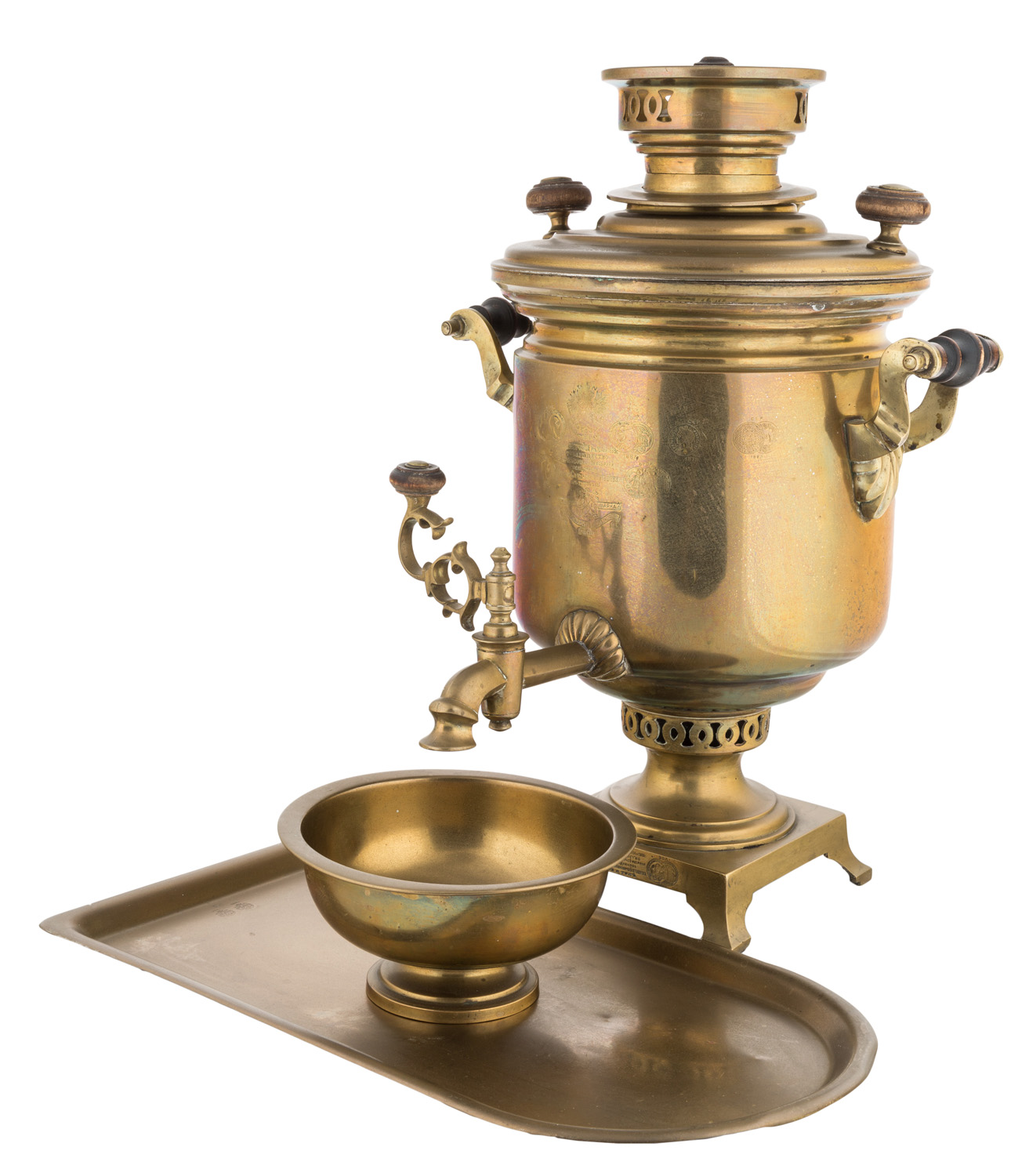 A RUSSIAN BRASS SAMOVAR, TRAY AND WASTE BOWL, BATASHEV STEAM-SAMOVAR ...