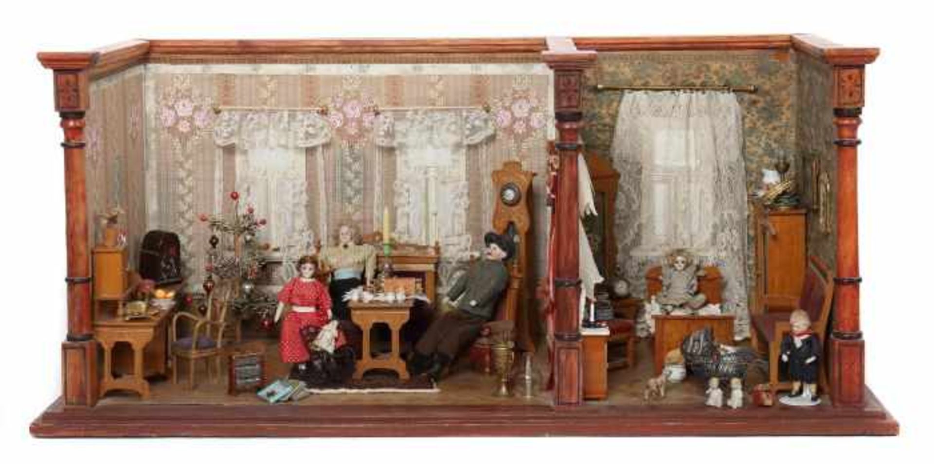Puppenstubeum 1890/1900, 2-Raum-Gehäuse, Holzkonstruktion, die Front ...
