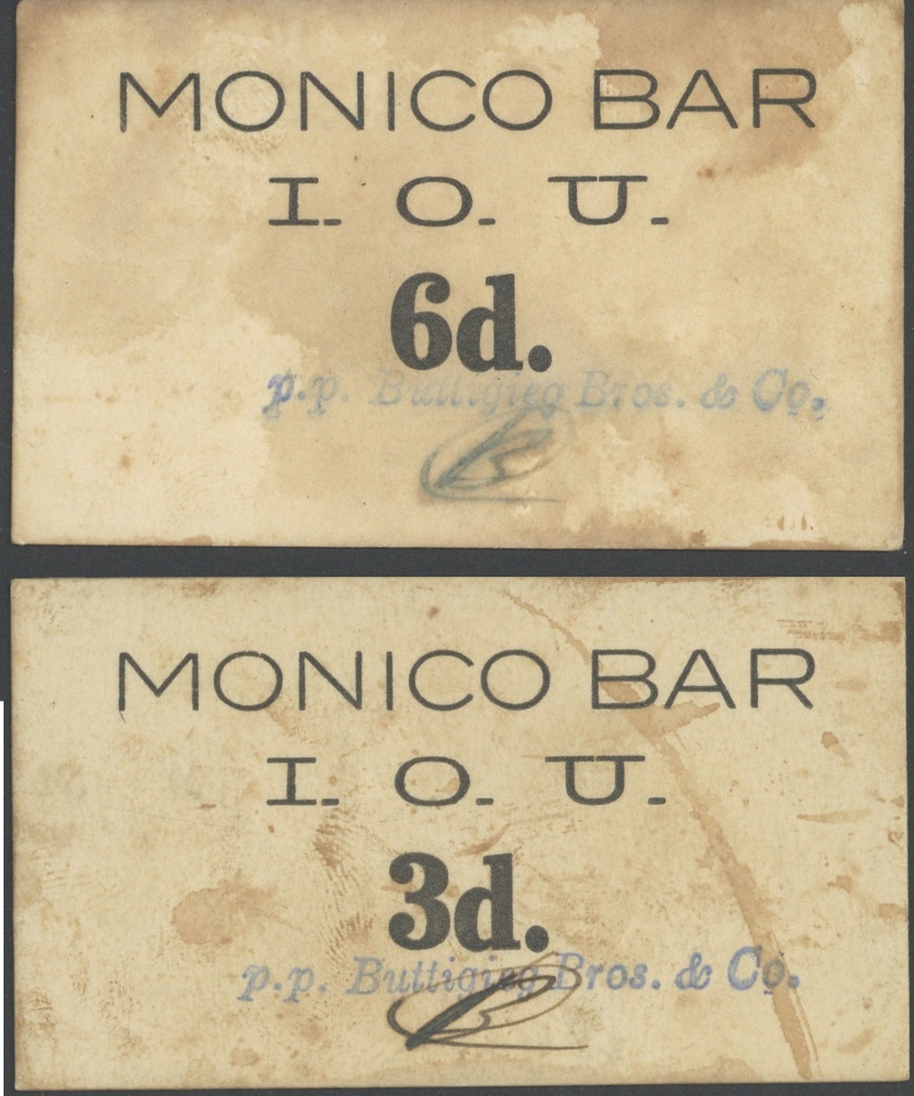 Monico Bar, Malta, 3d., 6d. 1941, no serial number, black writing on ...