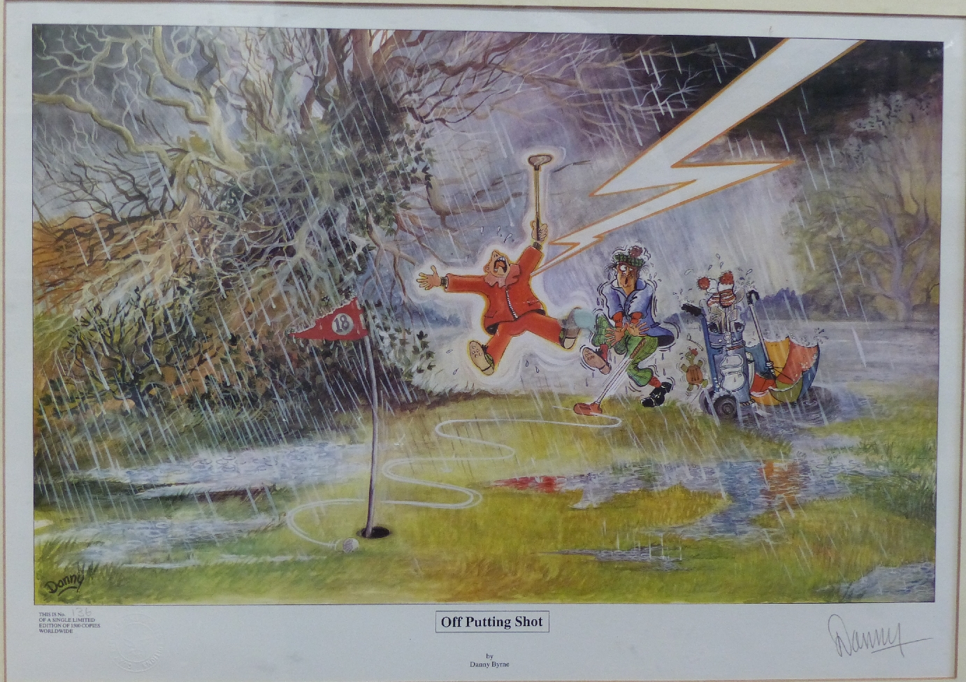 Three framed Danny Byrne limited edition prints of golfing, fishing and ...