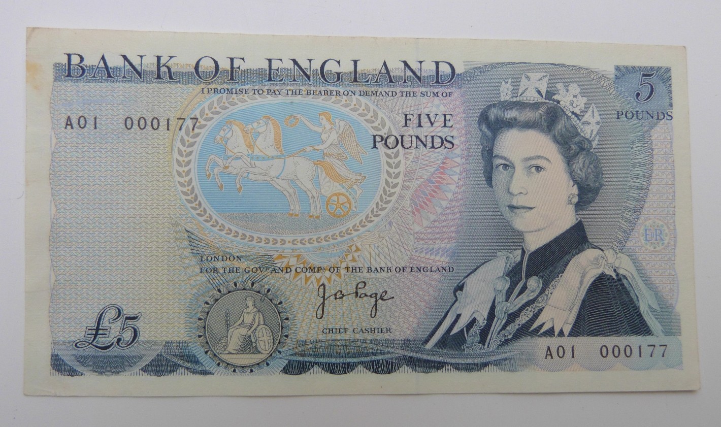 Bank of England 1971 Page five pound note with low number - A01 000177 ...