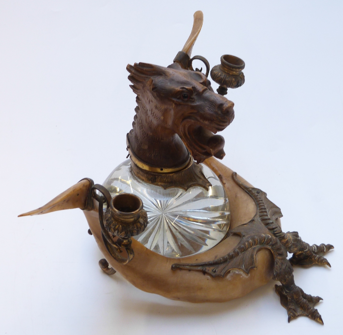Edwardian cut glass inkwell in brass mounted ram's horn base with and ...