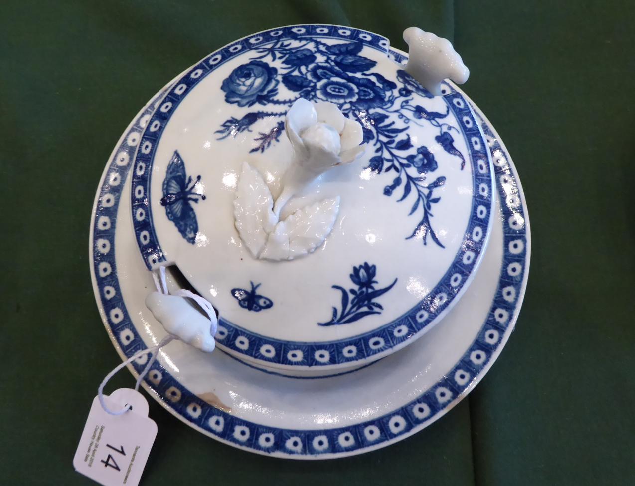 A Worcester Porcelain Butter Tub, Cover and Stand, circa 1775, printed ...