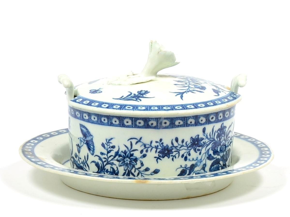 A Worcester Porcelain Butter Tub, Cover and Stand, circa 1775, printed ...