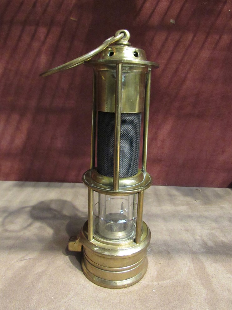 Williamson type miners lamp, all brass stamped 'Naylor Wigan' top of ...