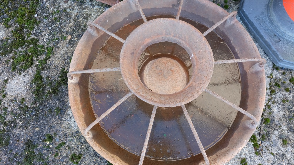 Circular Cast Iron Pig Trough, stamped with shamrock, 32” dia