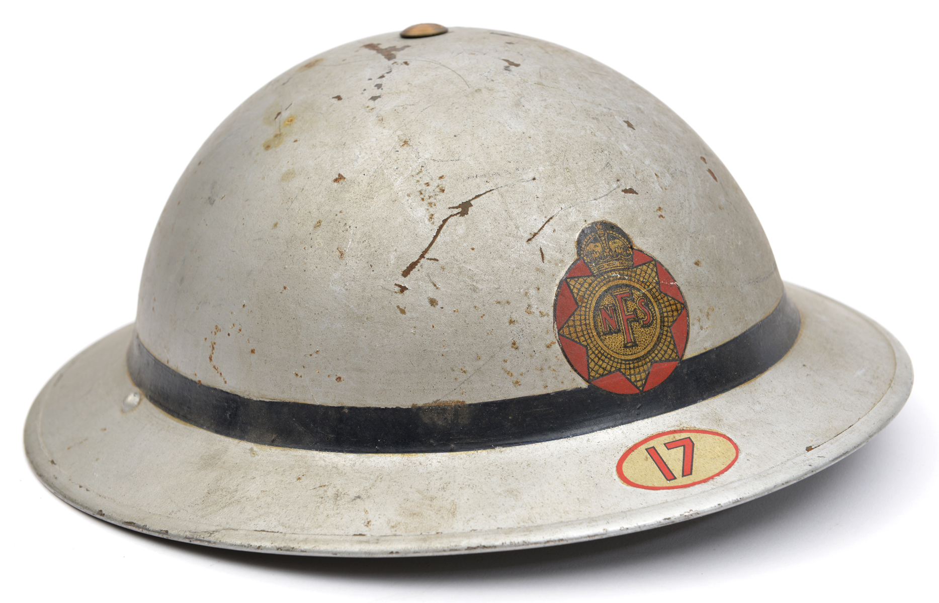A WWII National Fire Service Mk II steel helmet, 1939, silver painted ...