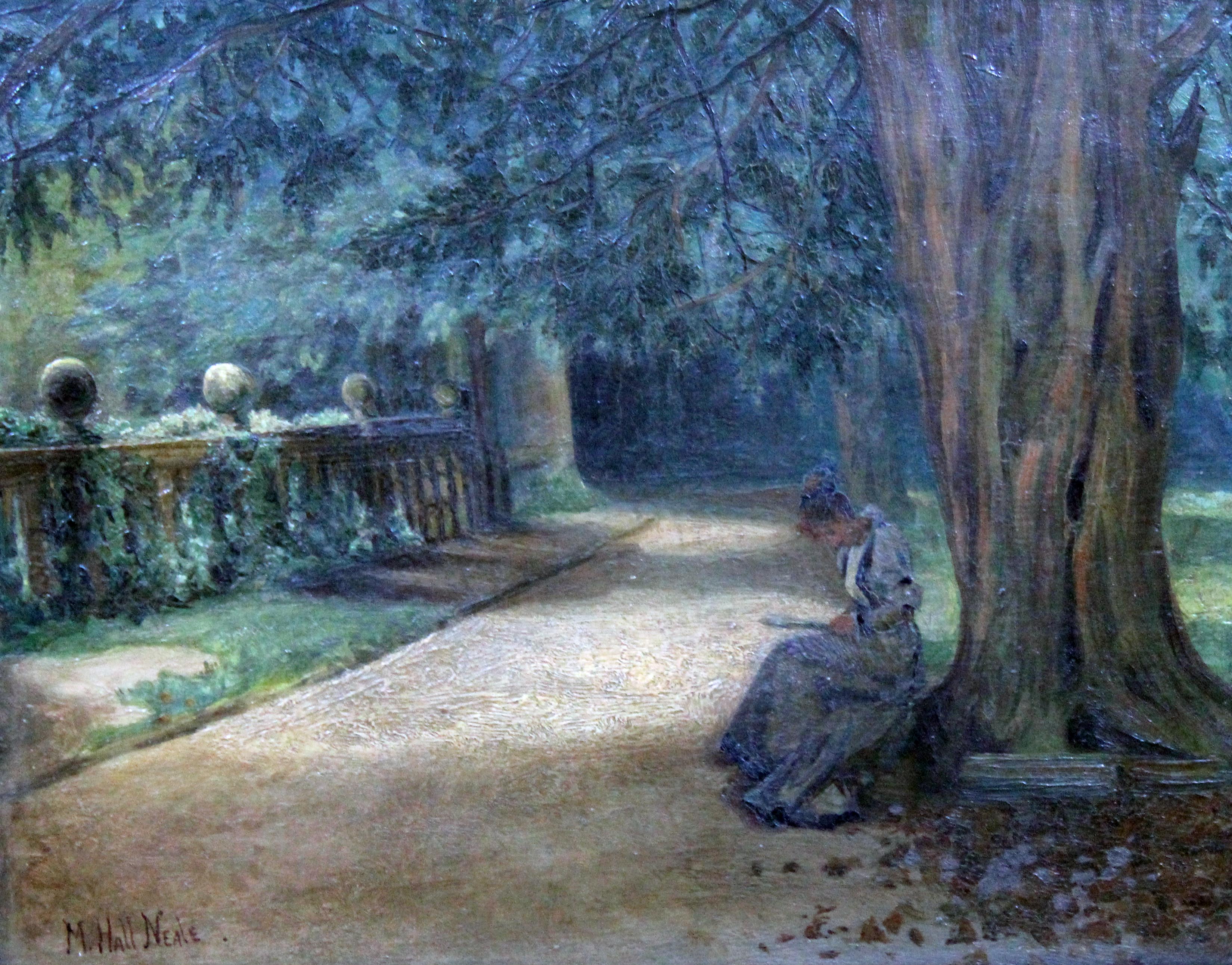 Maud Hall Neale (fl.1889-1940), woman sat reading by tree, oil on panel ...
