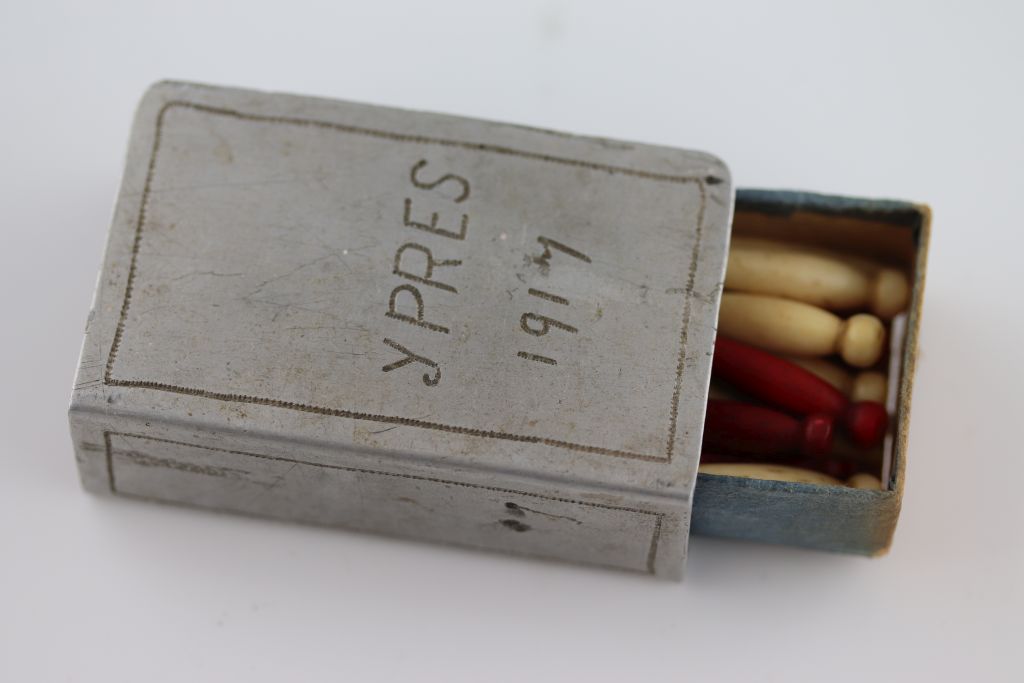 WW1 Trench Art matchbox holder Y'Pres 1917 with matchbox and Crib pegs.