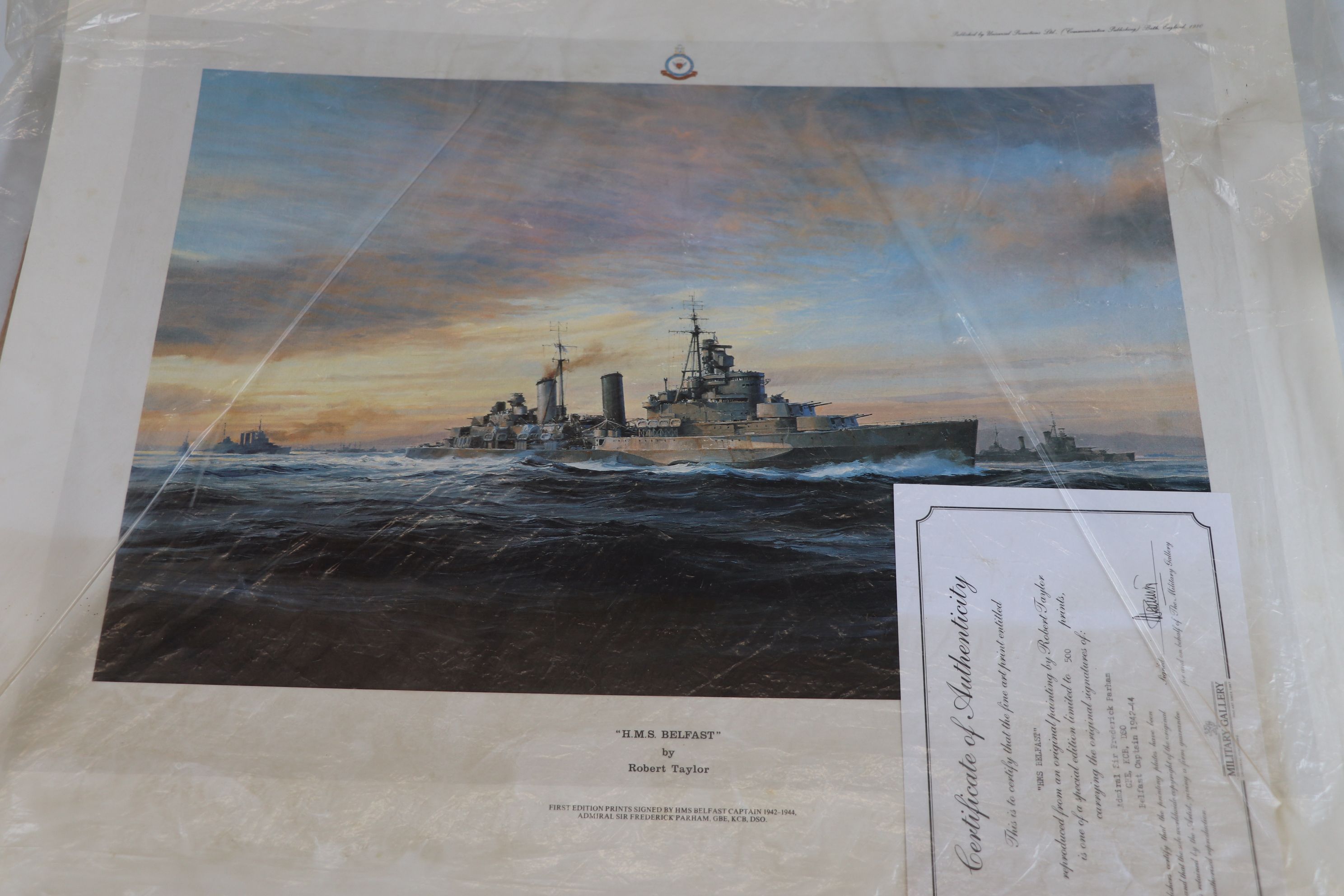 Three Robert Taylor prints to include HMS Belfast signed by Admiral Sir ...
