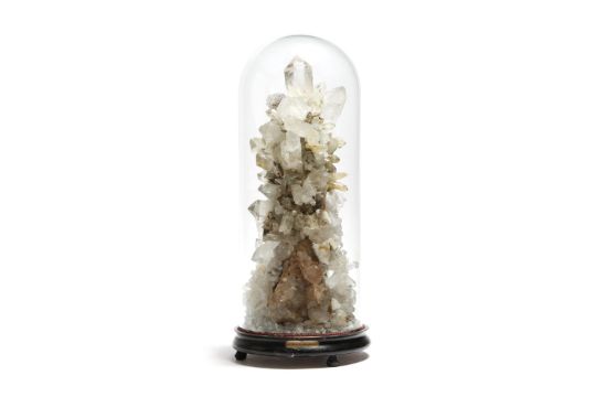 A Victorian quartz crystal specimen group, on an ebonised base, applied ...