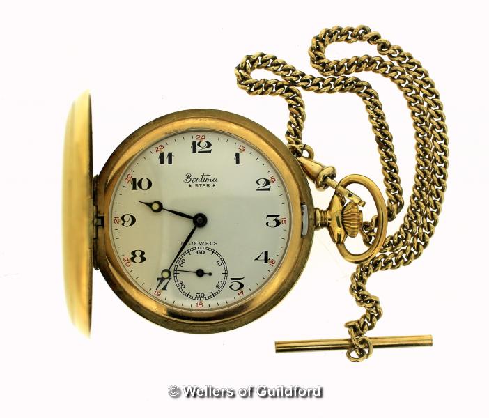 Bentima gold plated pocket watch, cream dial with Arabic numerals, and ...