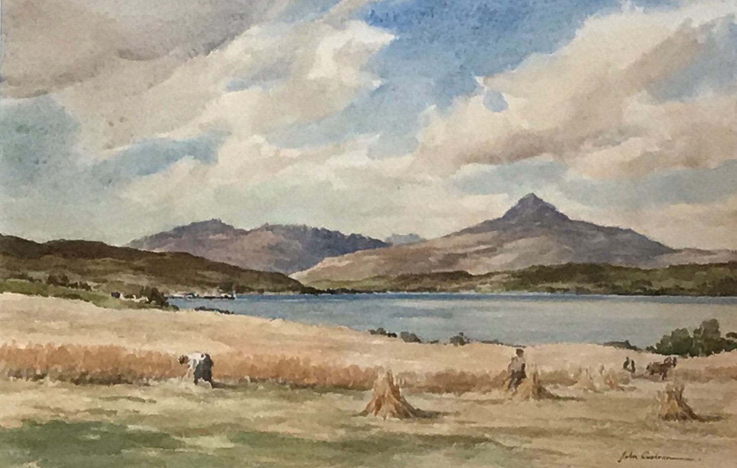 John Cochran Scottish Watercolour "Harvest time" Goat Fell Bordick Bay ...