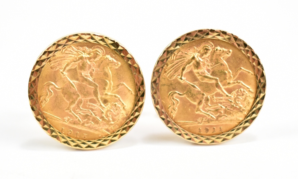 A pair of George V half sovereign cufflinks, 1911 and 1915, in 9ct ...