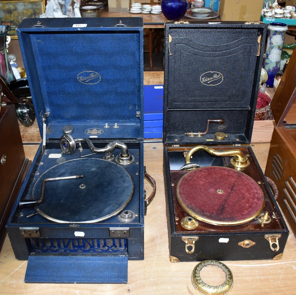 EDISON BELL; an Electron blue portable record player with fall-down ...