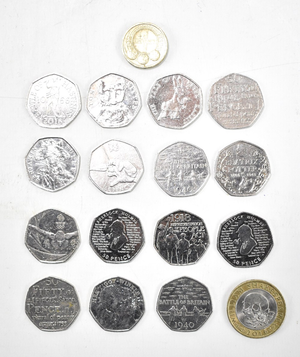 Fifteen collectable modern edition 50p coins, a Shakespeare £2 coin and ...