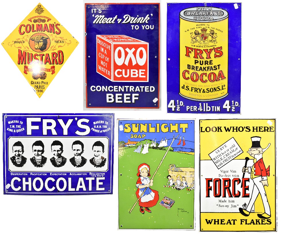 Six reproduction enamel advertising signs for Fry's, 53.5 x 35.5cm (x2 ...
