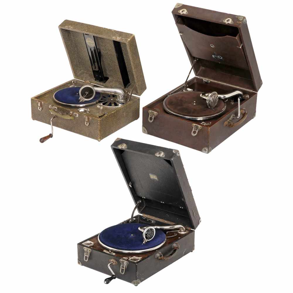 3 Gramophones, c. 19281) Cliftophone, portable, Brunswick Ltd., London ...