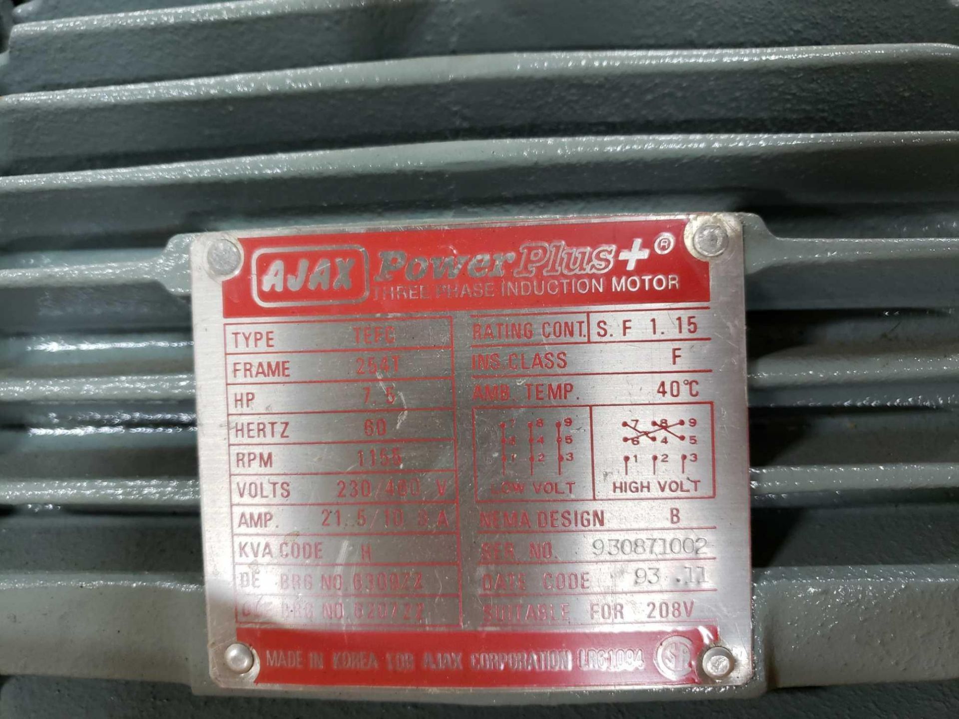 7.5hp Ajax PowerPlus+ motor type TEFC, frame 254T, rpm 1155, 230/460v 3 ...