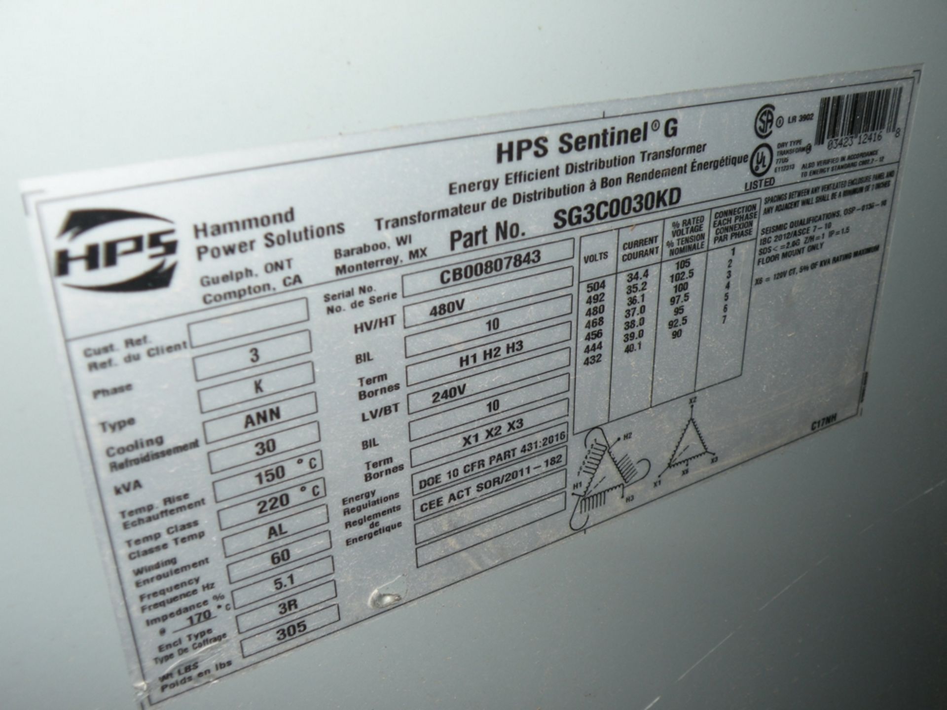 HPS Sentinel G, 30 KVA, 3 Phase Transformer, P/N SG3C0030KD, Wt. 305 (S ...