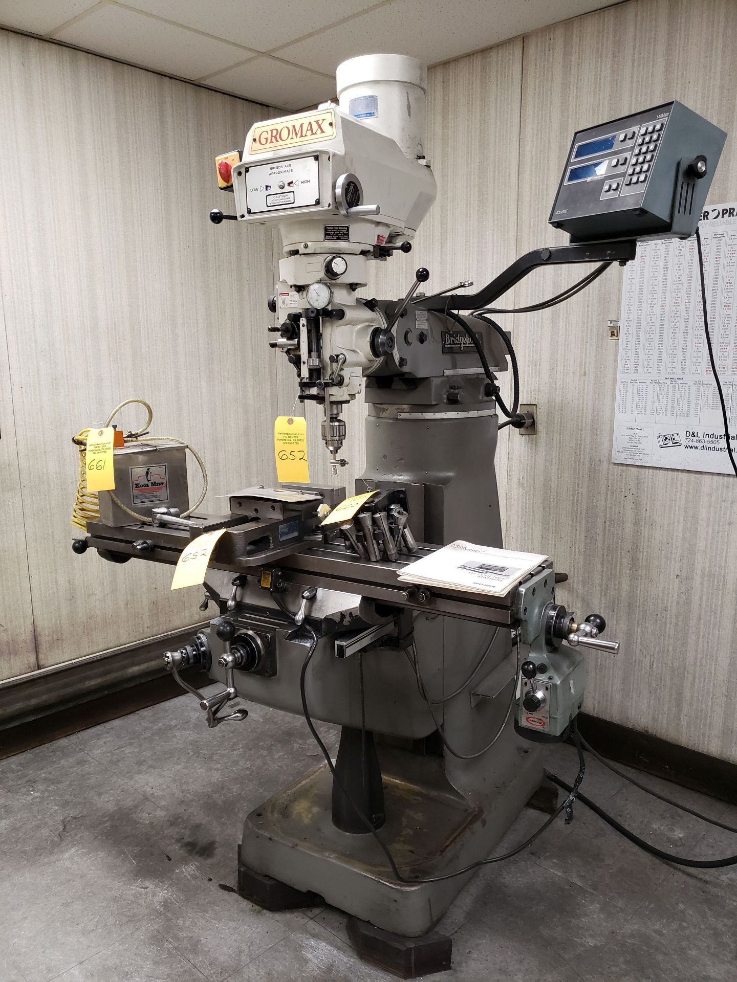 GROMAX HEAD ON BRIDGEPORT VERT MILL SERVO POWER FEED, ACURITE DRO, 9X48 ...