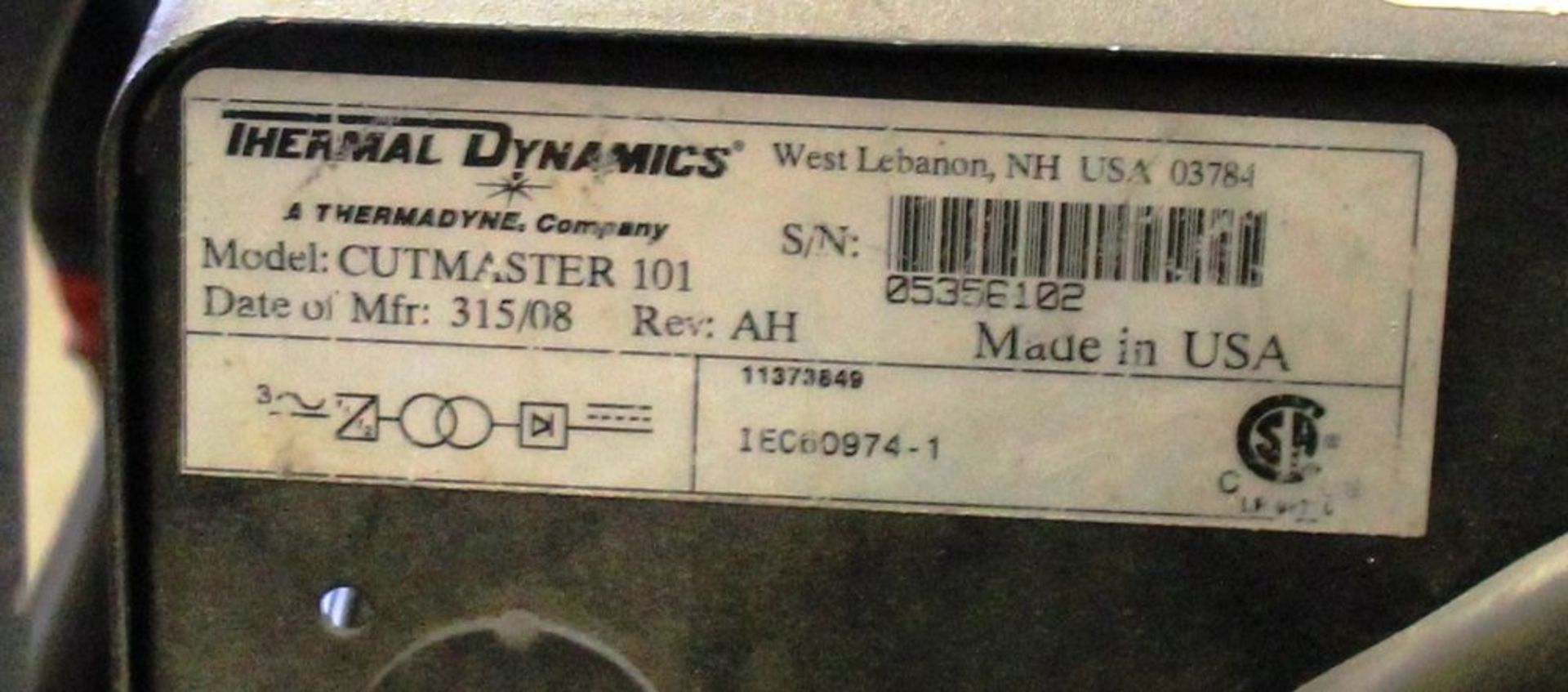 2008 THERMAL DYNAMICS CUTMASTER 101 AIR PLASMA CUTTING SYSTEM C/W CART ...