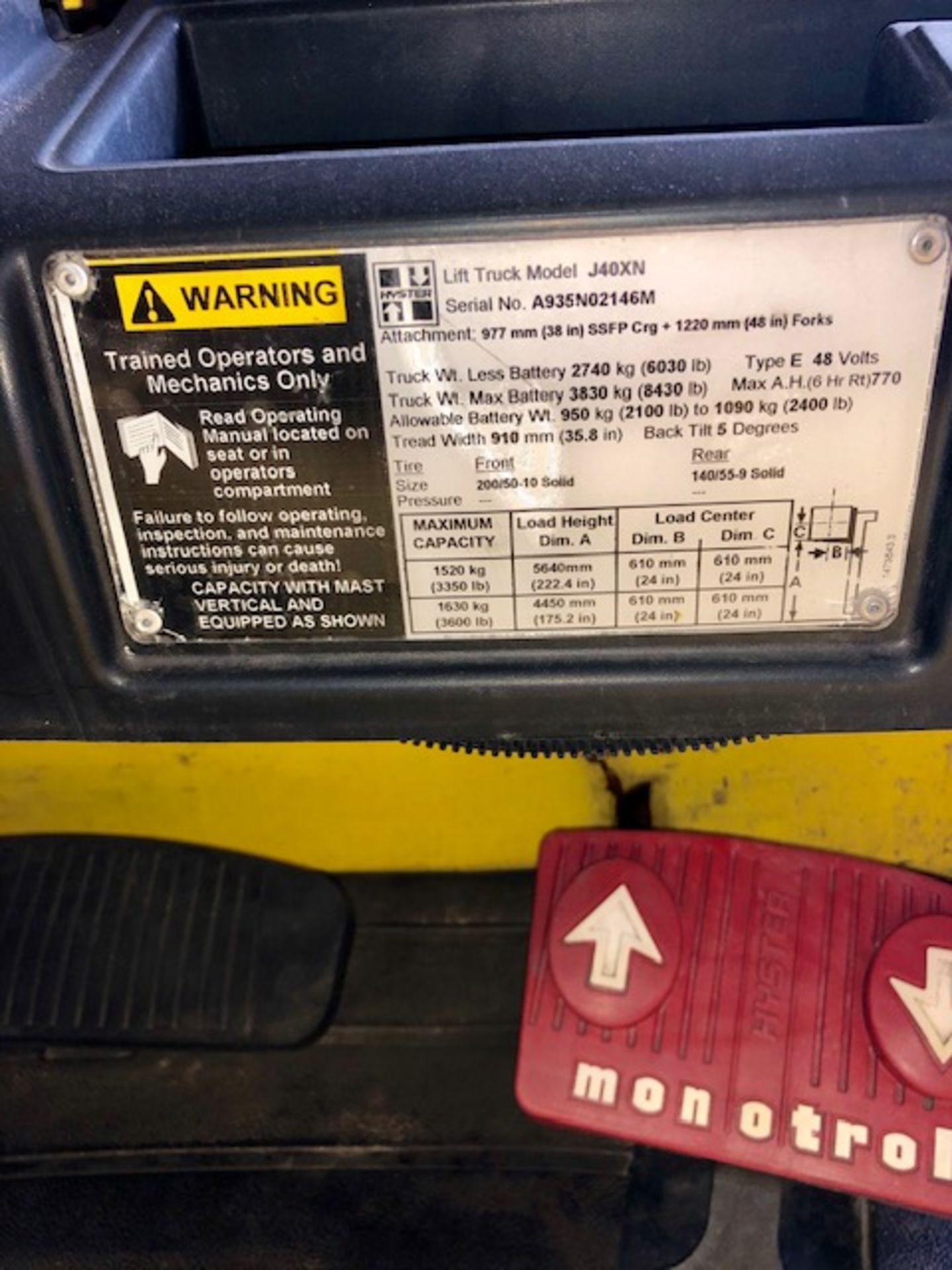 Hyster forklift J40XN S/N: A935N02146M Hrs: 19,432 SSFP No Battery ...