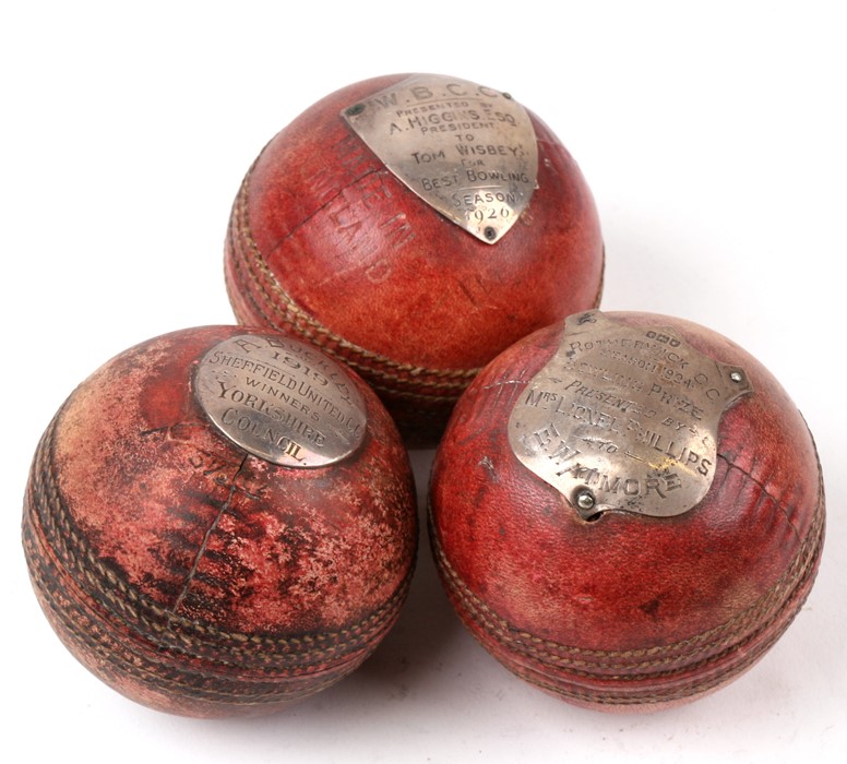 Three early 20th century silver mounted cricket balls, 'Sheffield Utd ...