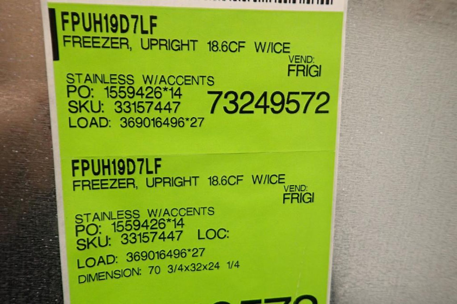 Frigidaire SS upright freezer, Model FPUH19D7LF1, SN WB30854203