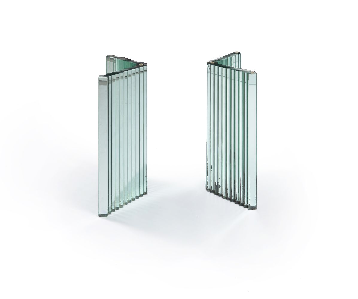 A pair of slab glass table supports, 1950s, for a console or dining ...