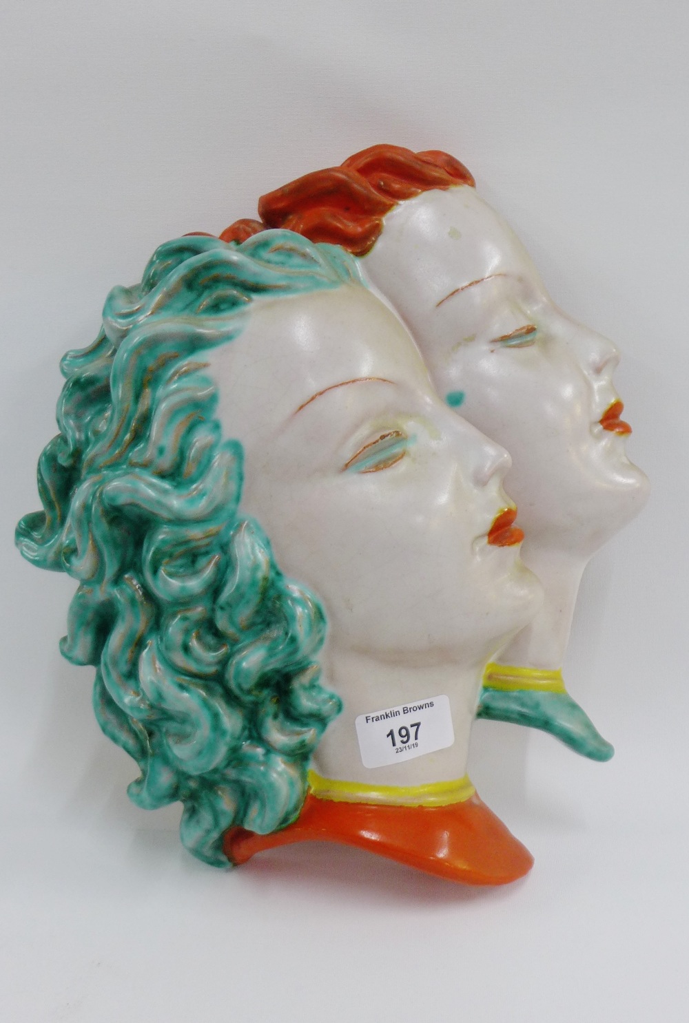 Rare 1930's Goldscheider double head wall mask, 31cm long