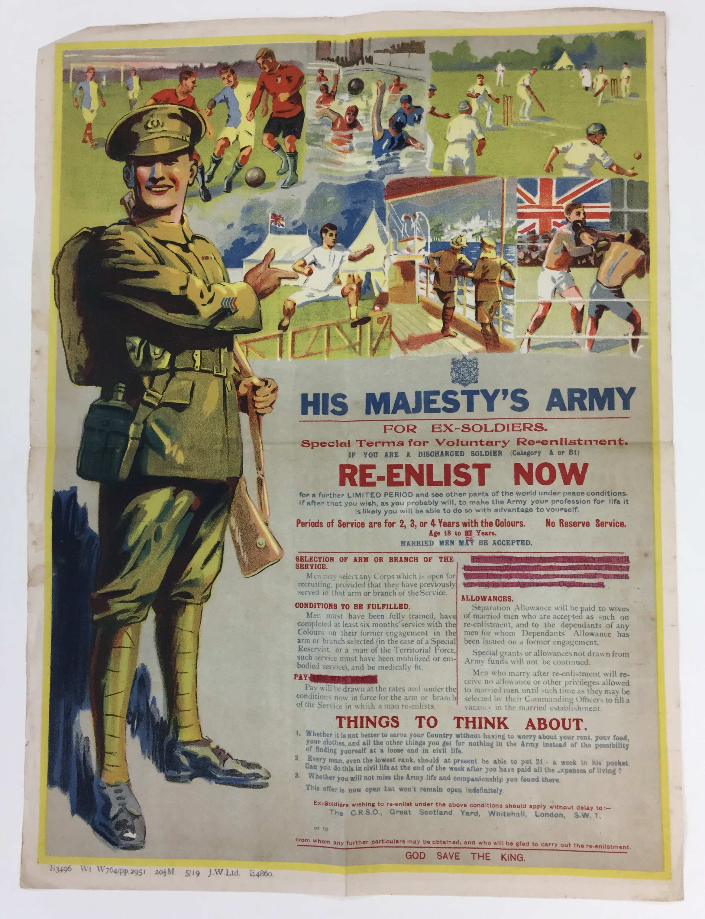 1919 British Army colour recruitment poster entitled "His Majesty's ...