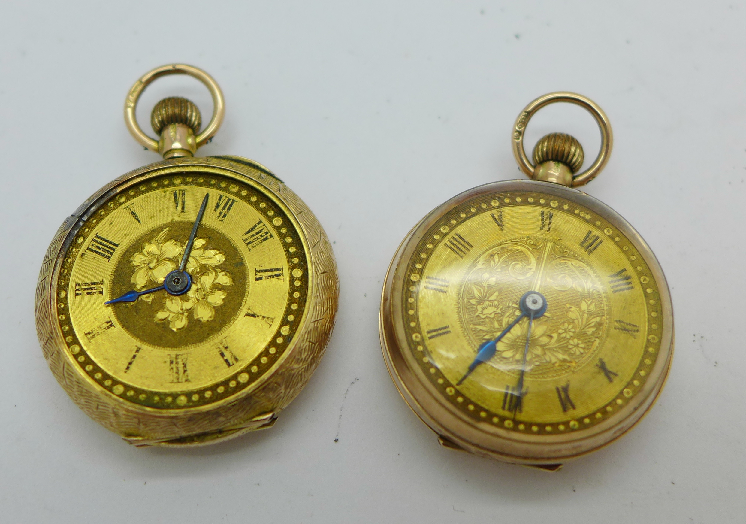 Two small 9ct gold fob watches including Hamilton, a/f
