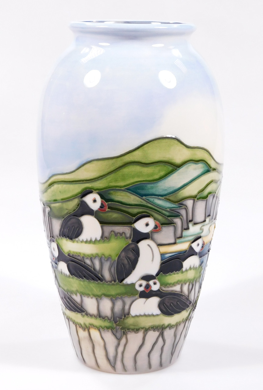 A Moorcroft Puffin pattern vase, decorated by Carol Lovett, tube line ...