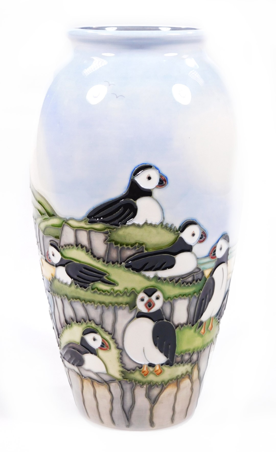 A Moorcroft Puffin pattern vase, decorated by Carol Lovett, tube line ...