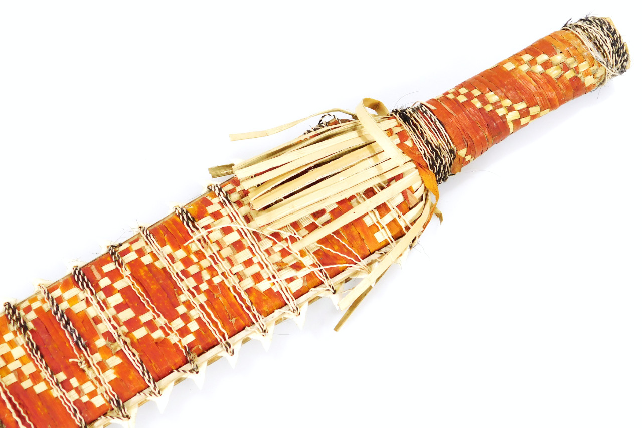 Two mid 20thC Tongan ceremonial presentation shark tooth swords, bound ...
