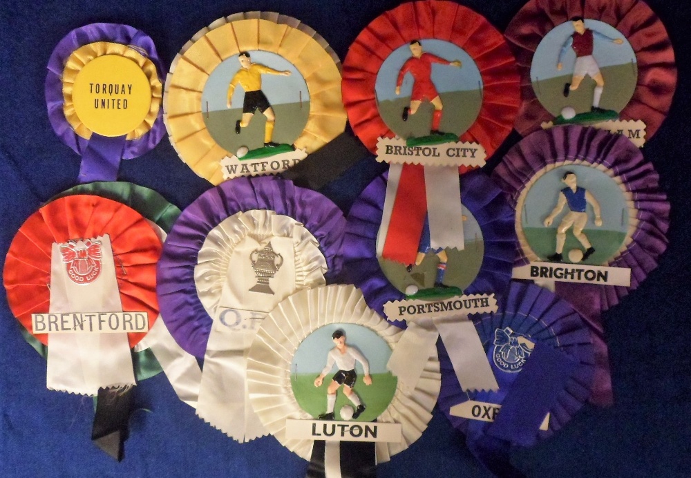 Football rosettes, a collection of 12, 1960's, rosettes many with ...