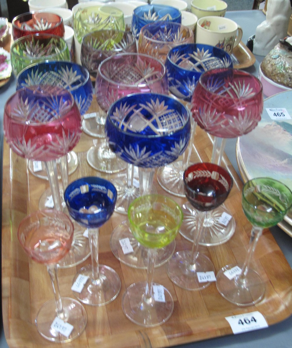 Tray of flash cut hock glasses, together with a set of five similar ...
