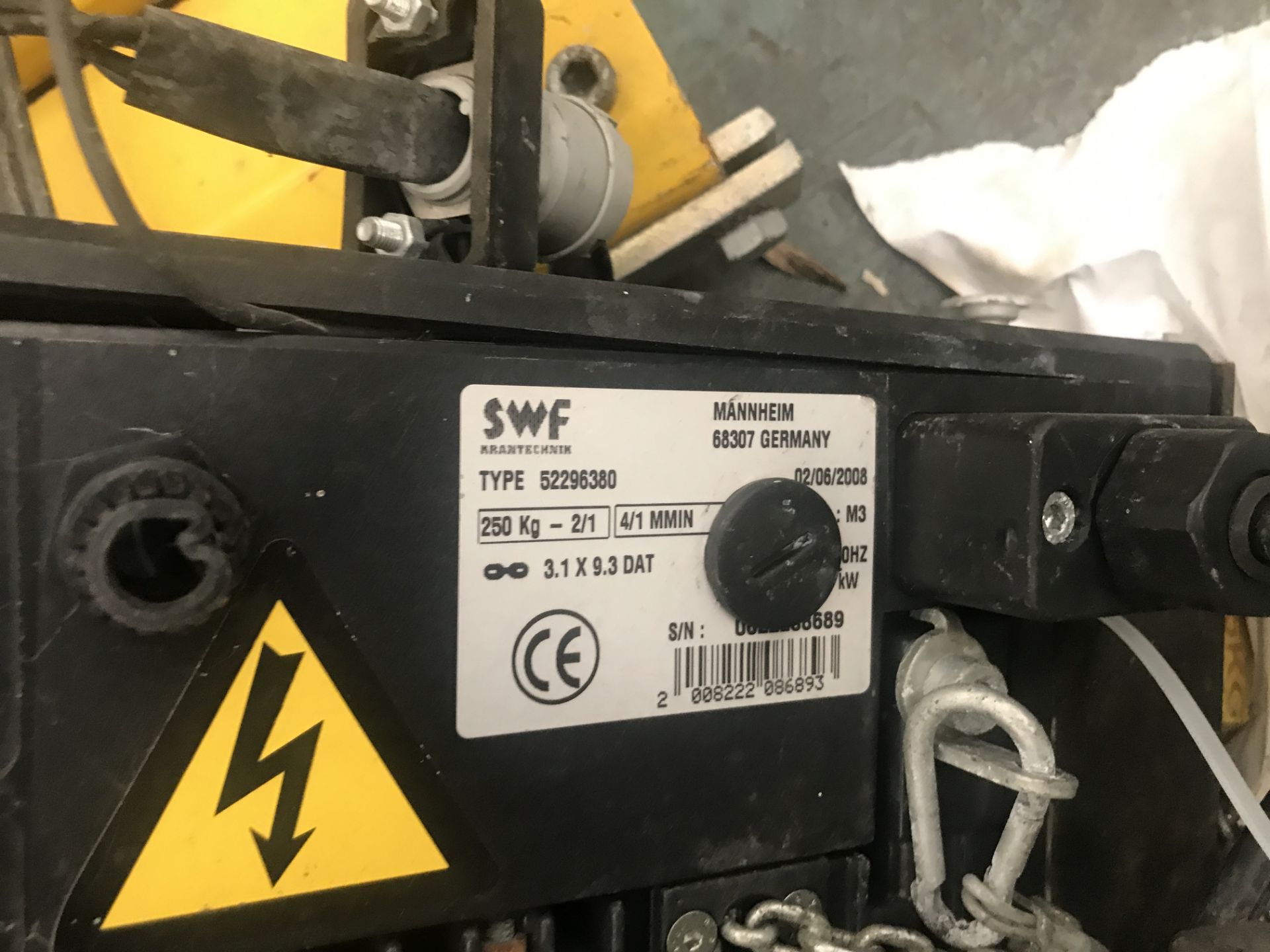 SWL 125kg Jib Crane, with SWF 52296380 250kg Hoist, approx. 4.5m high