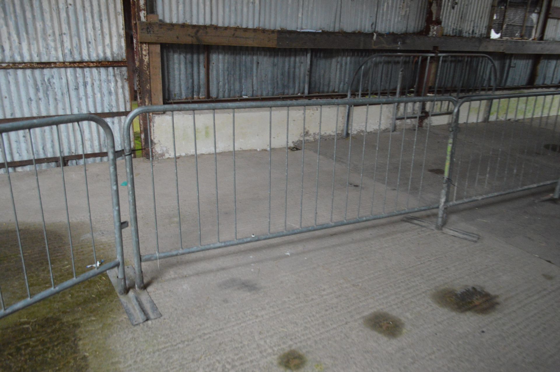 Five Galvanised Steel Fence Panels, with feet base plates, each approx ...