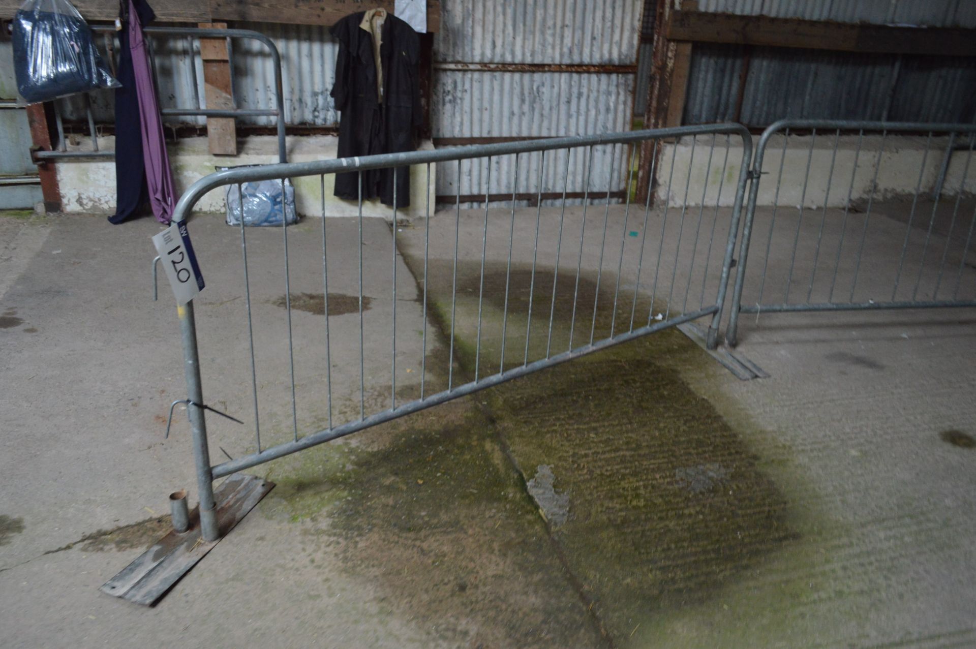 Five Galvanised Steel Fence Panels, with feet base plates, each approx ...