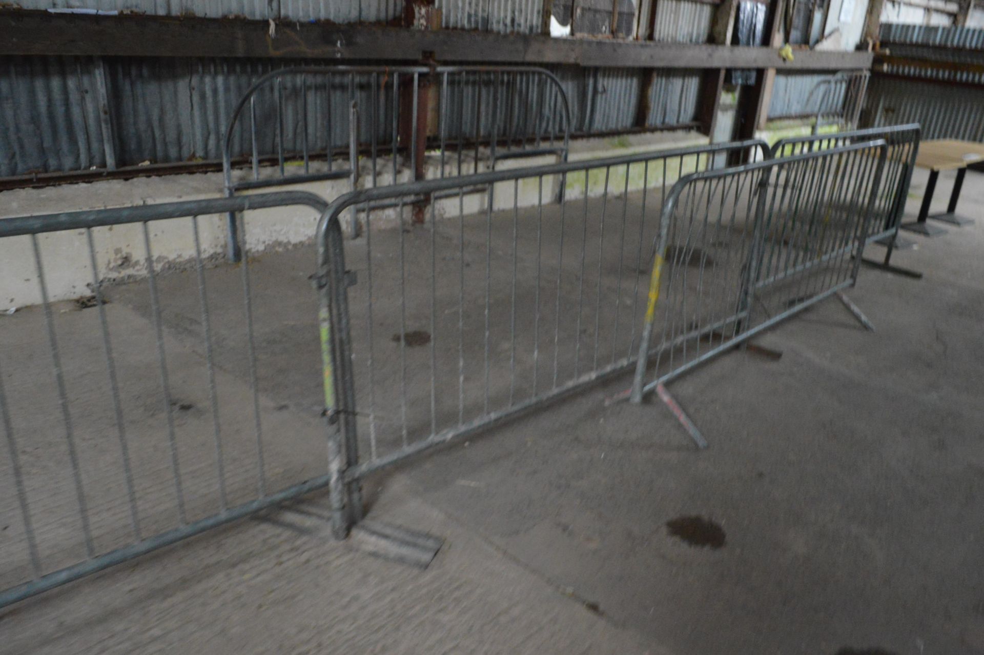 Five Galvanised Steel Fence Panels, with feet base plates, each approx ...