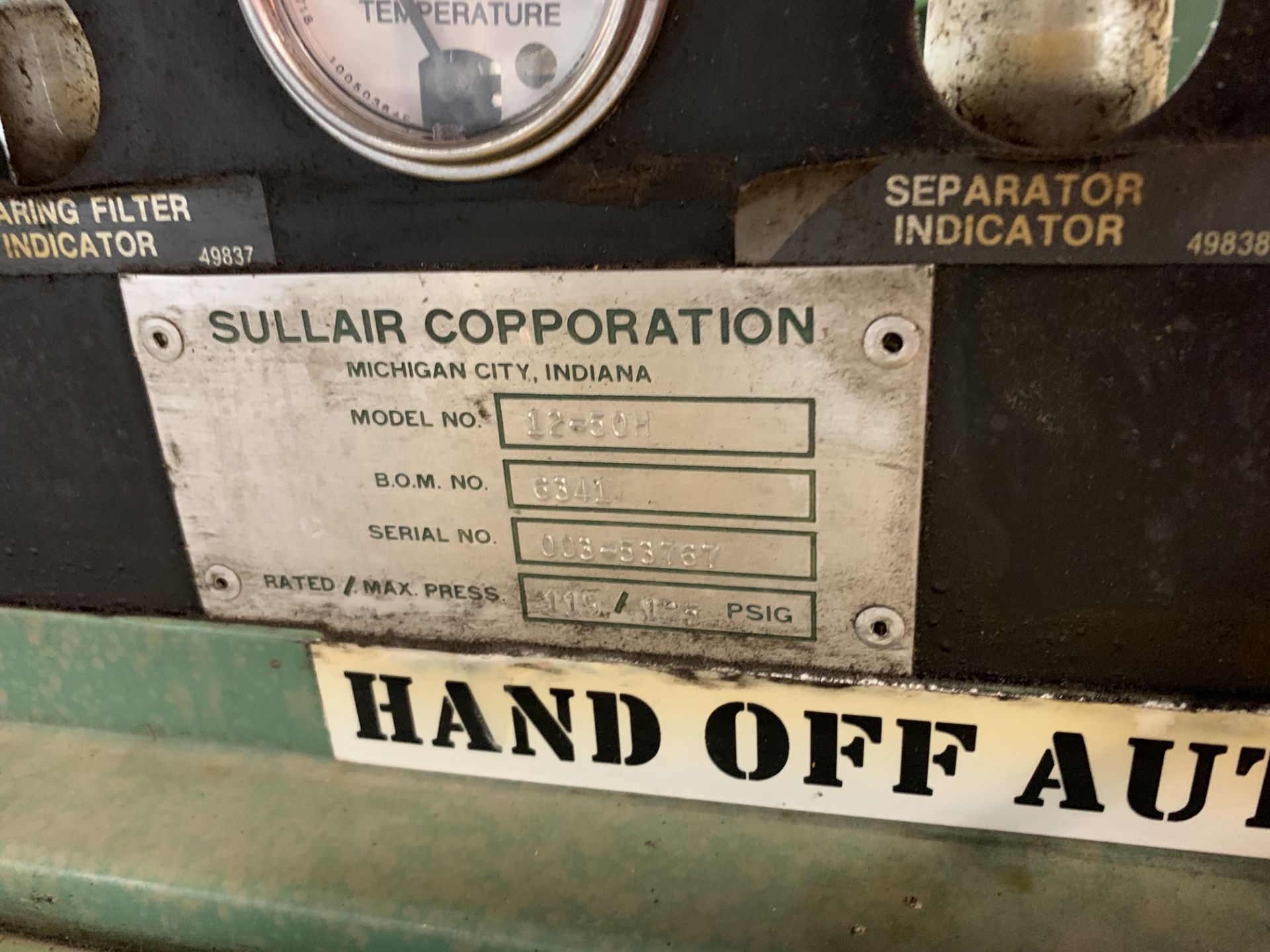 Sullair Model 12-50H Air Compressor S/N 003-53767 50 HP. Rigging Fee: $250
