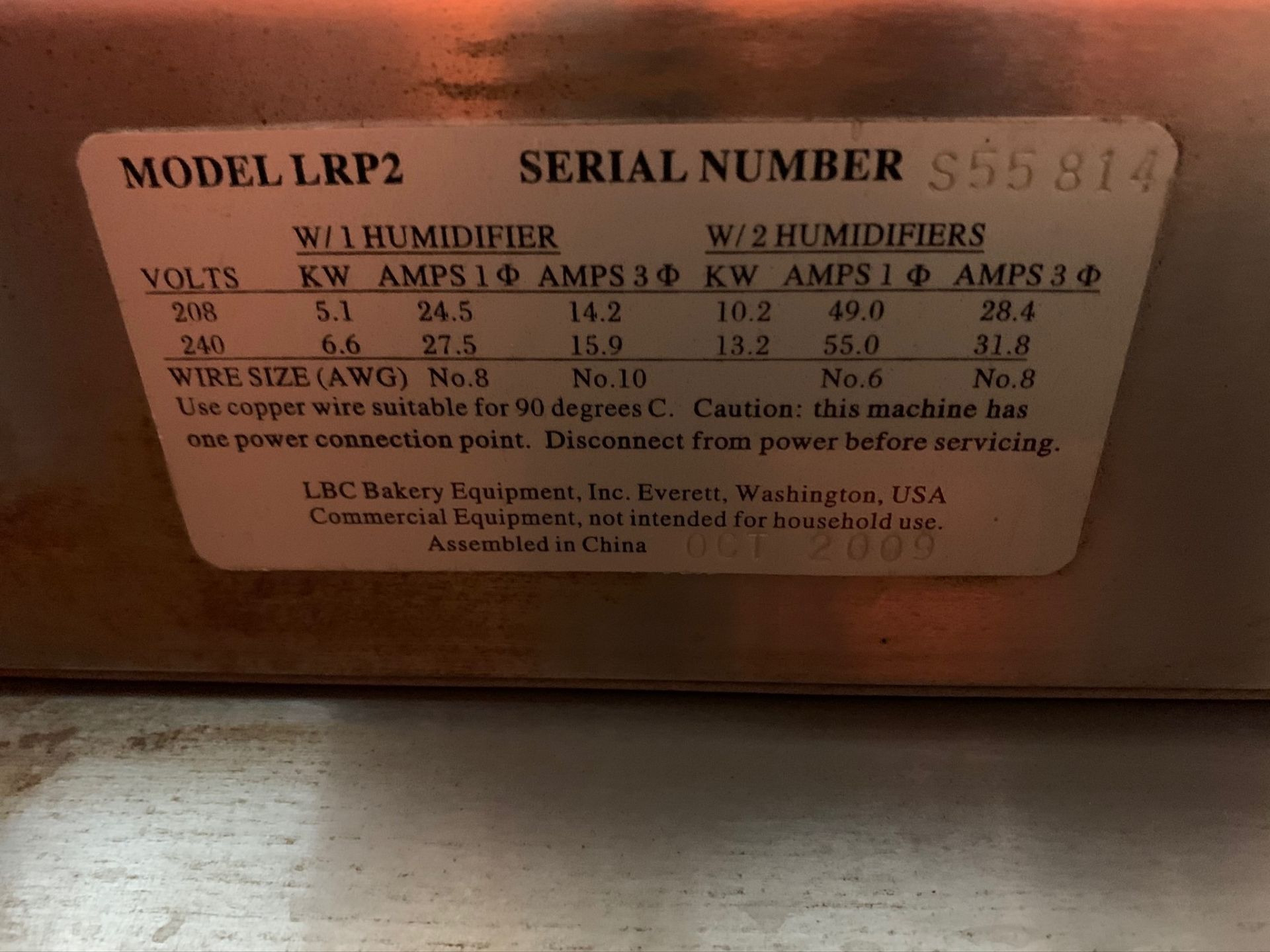 LBC Final Proofer Hold 4 Double Racks Model LRP2 S/N S55814, RIGGING ...