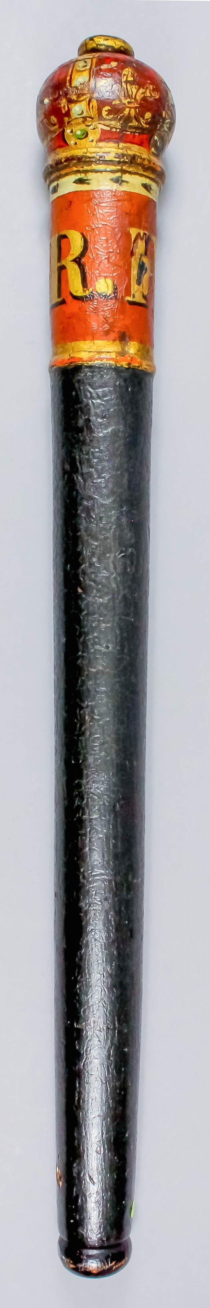 A William IV turned wood short staff with ball end, painted with crown ...